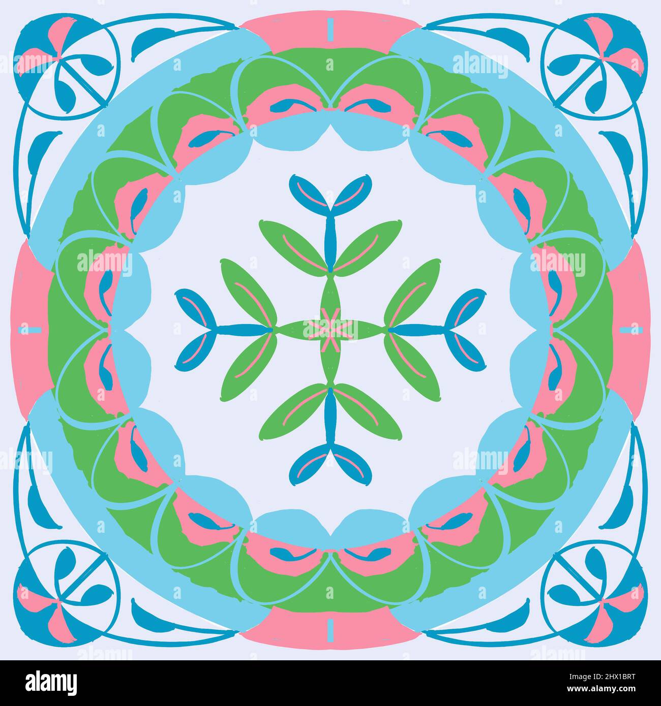 Hand painted circular tile design in soft colors on white background ...