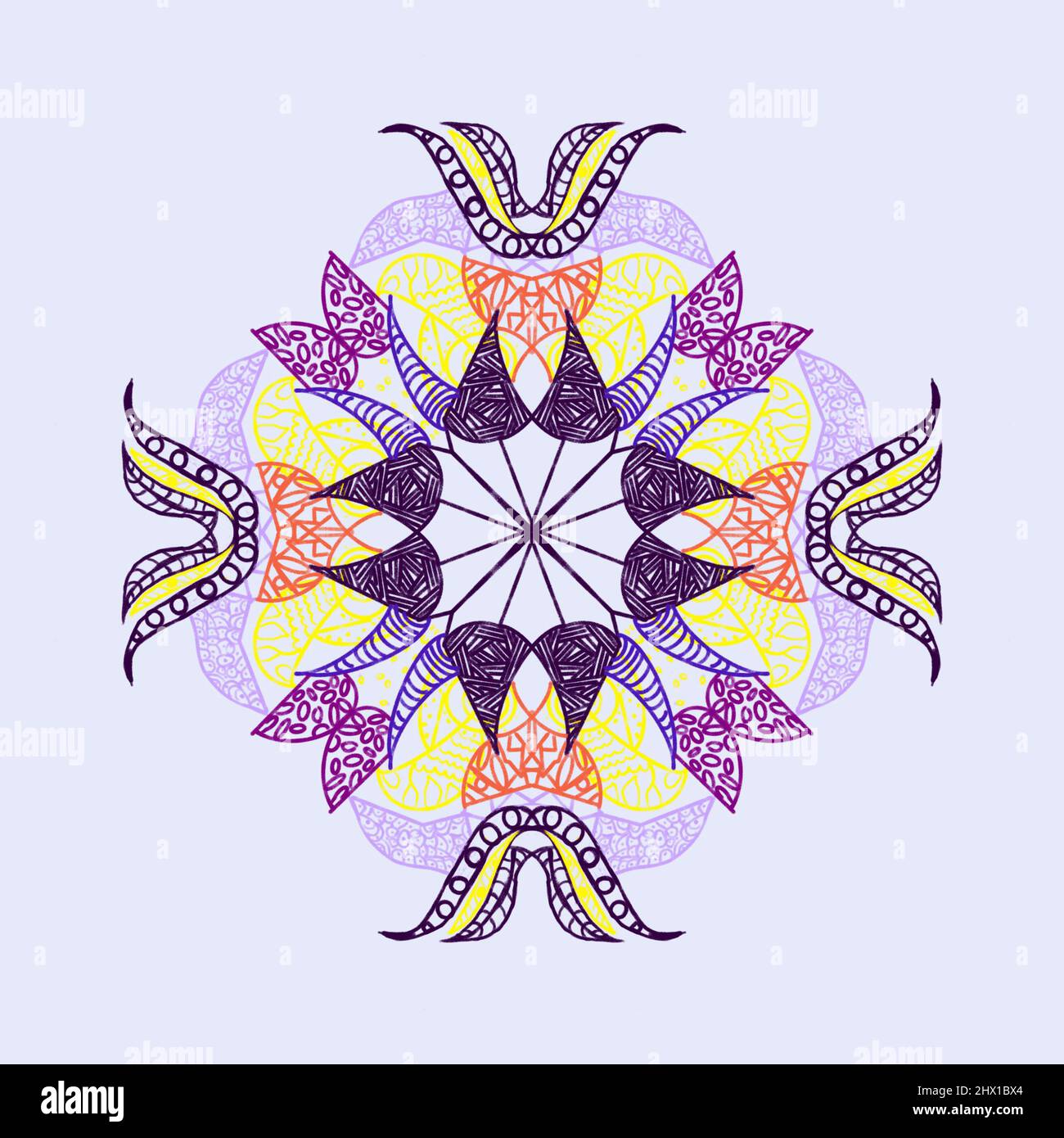 An intricate and colorful hand painted design motif with curves and ...