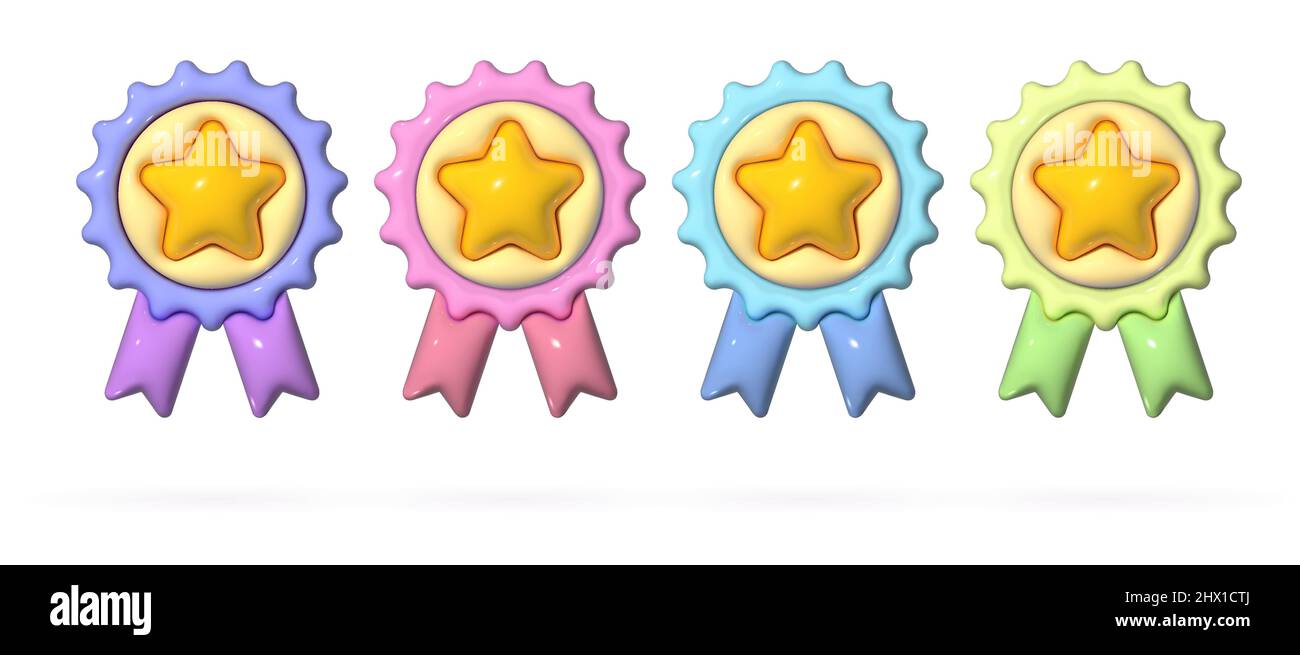 Winner medals with ribbon set in 3d cartoon style. Award rosette badge ...