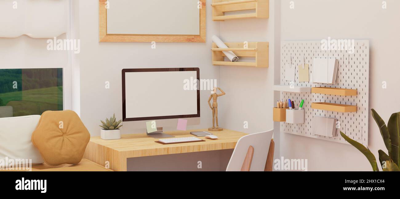 Minimal Japanese home working space interior with pc computer white ...