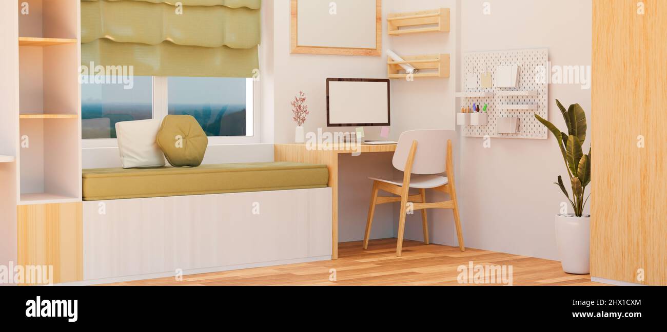 Minimal and cozy home living workspace interior with wooden furniture ...