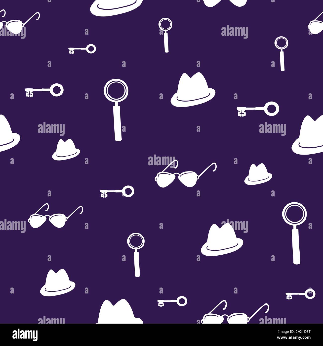 Detective, spy, mafia seamless pattern. White items on purple ...