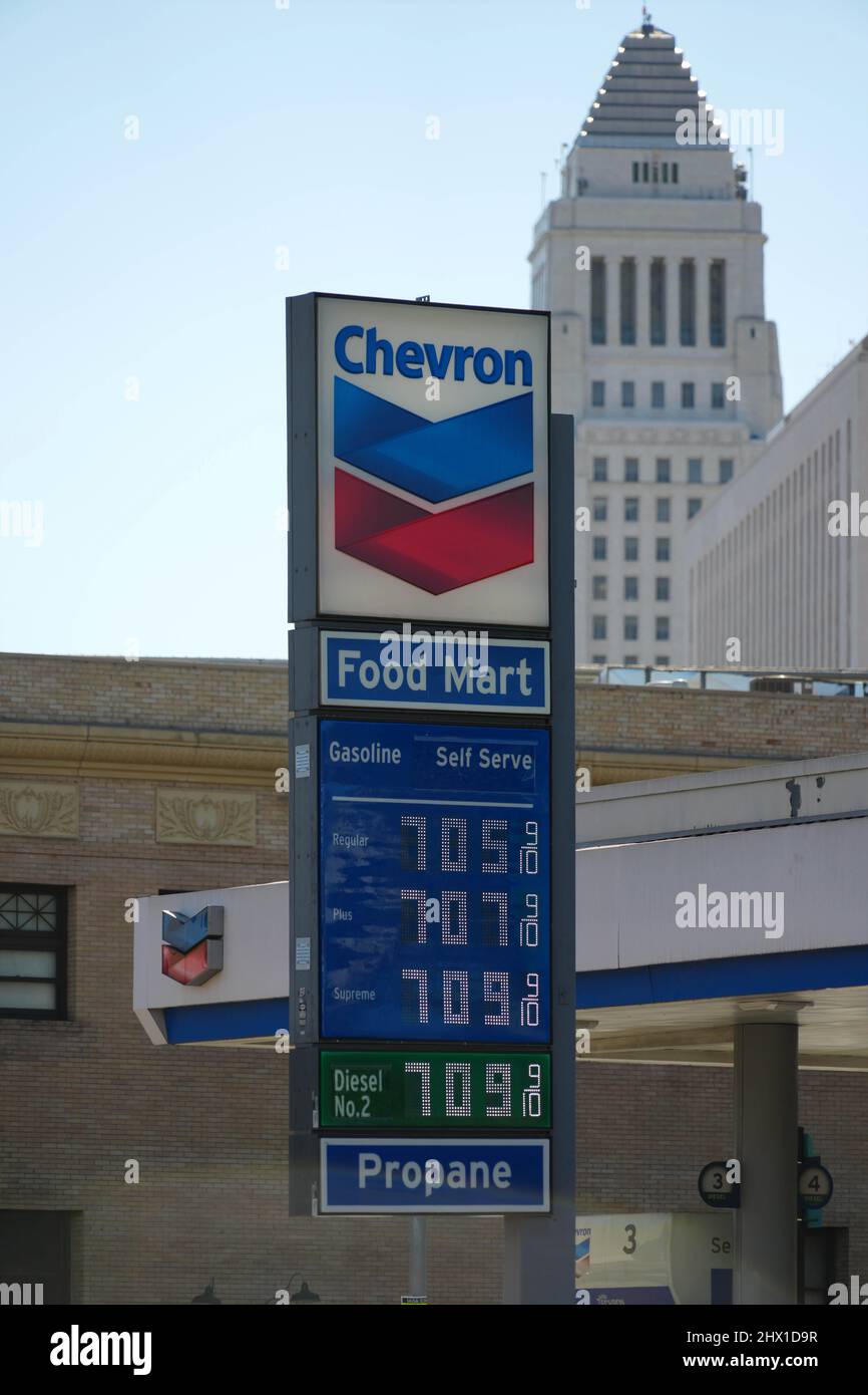Gas prices over $7 per gallon are displayed at a Chevron Food Mart ...