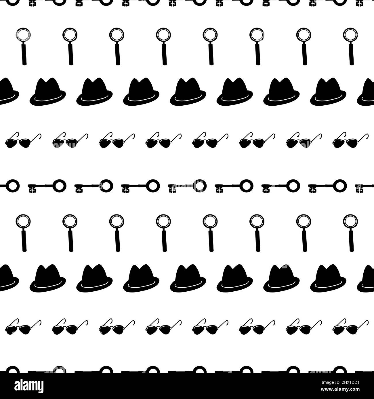 Detective, spy, mafia seamless pattern. Black items in a row on white ...