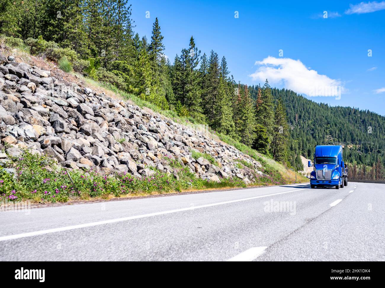 Big rig blue industrial grade powerful semi truck tractor with fastened ...