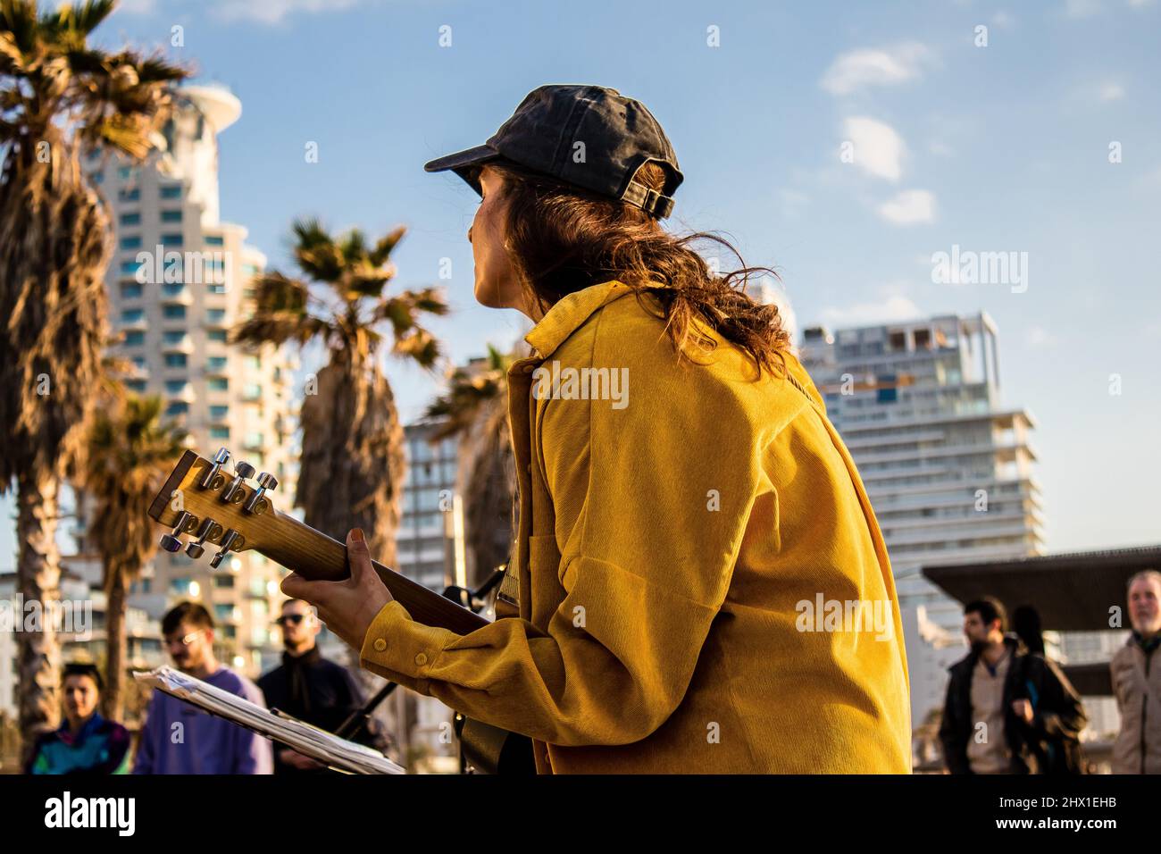 Tel Aviv, Israel - March 06, 2022 Young independent singer doing a ...