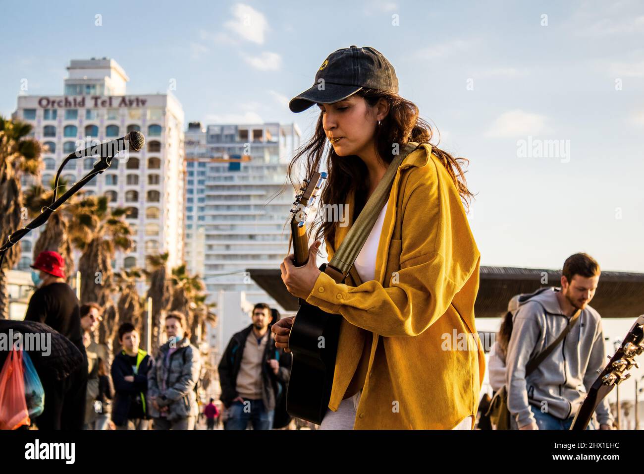 Tel Aviv, Israel - March 06, 2022 Young independent singer doing a ...