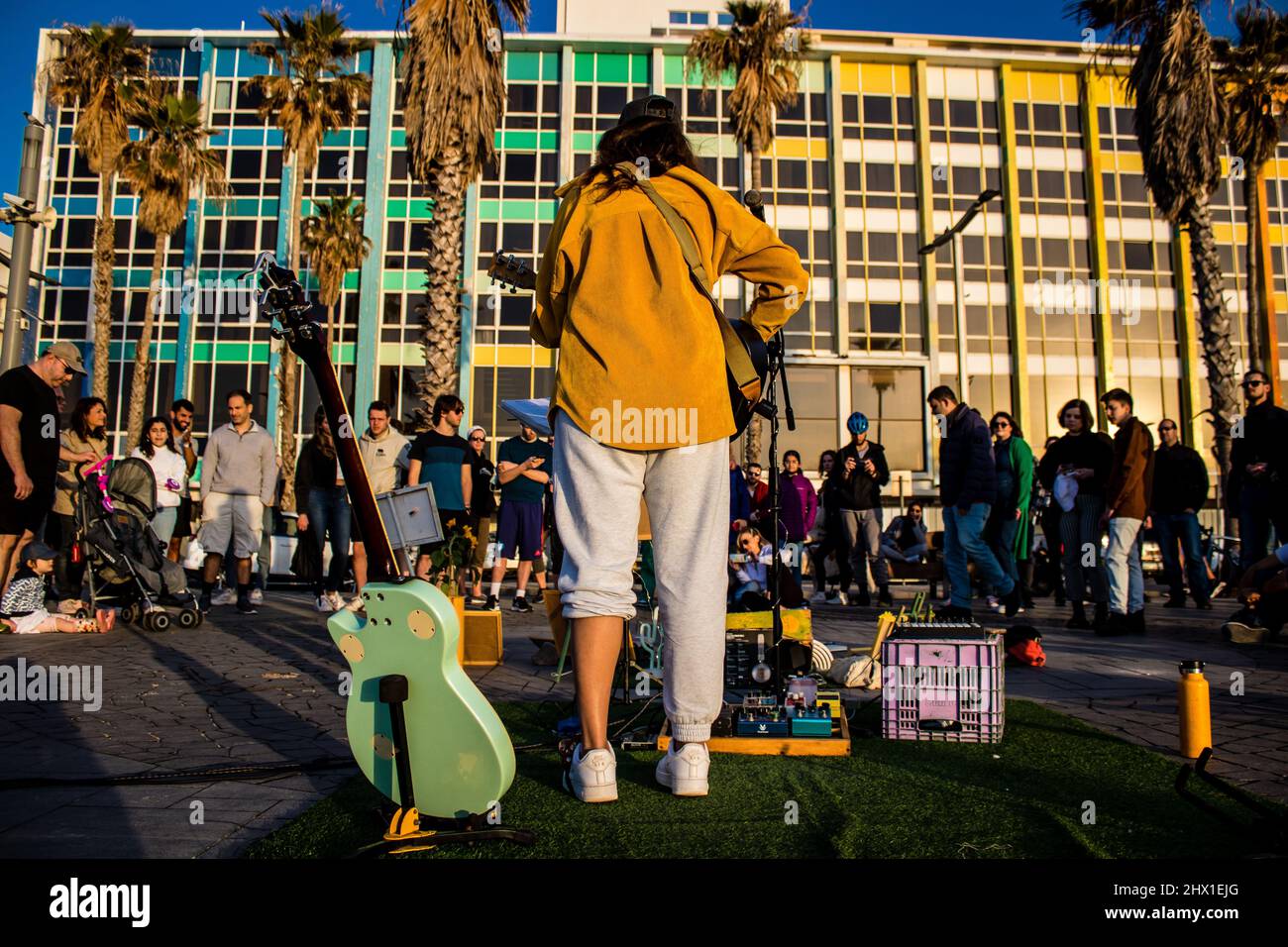 Tel Aviv, Israel - March 06, 2022 Young independent singer doing a ...