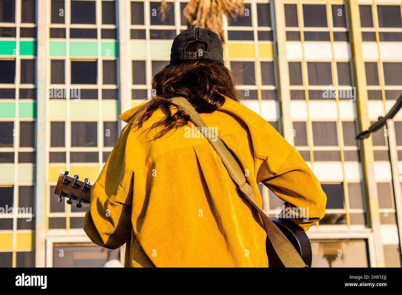 Tel Aviv, Israel - March 06, 2022 Young independent singer doing a ...