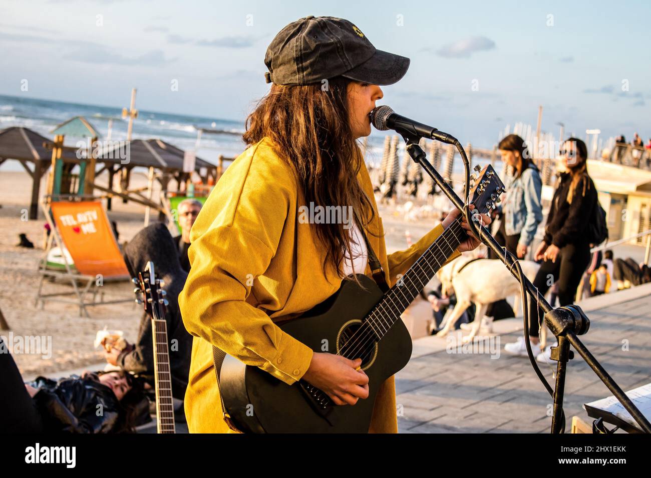 Tel Aviv, Israel - March 06, 2022 Young independent singer doing a ...