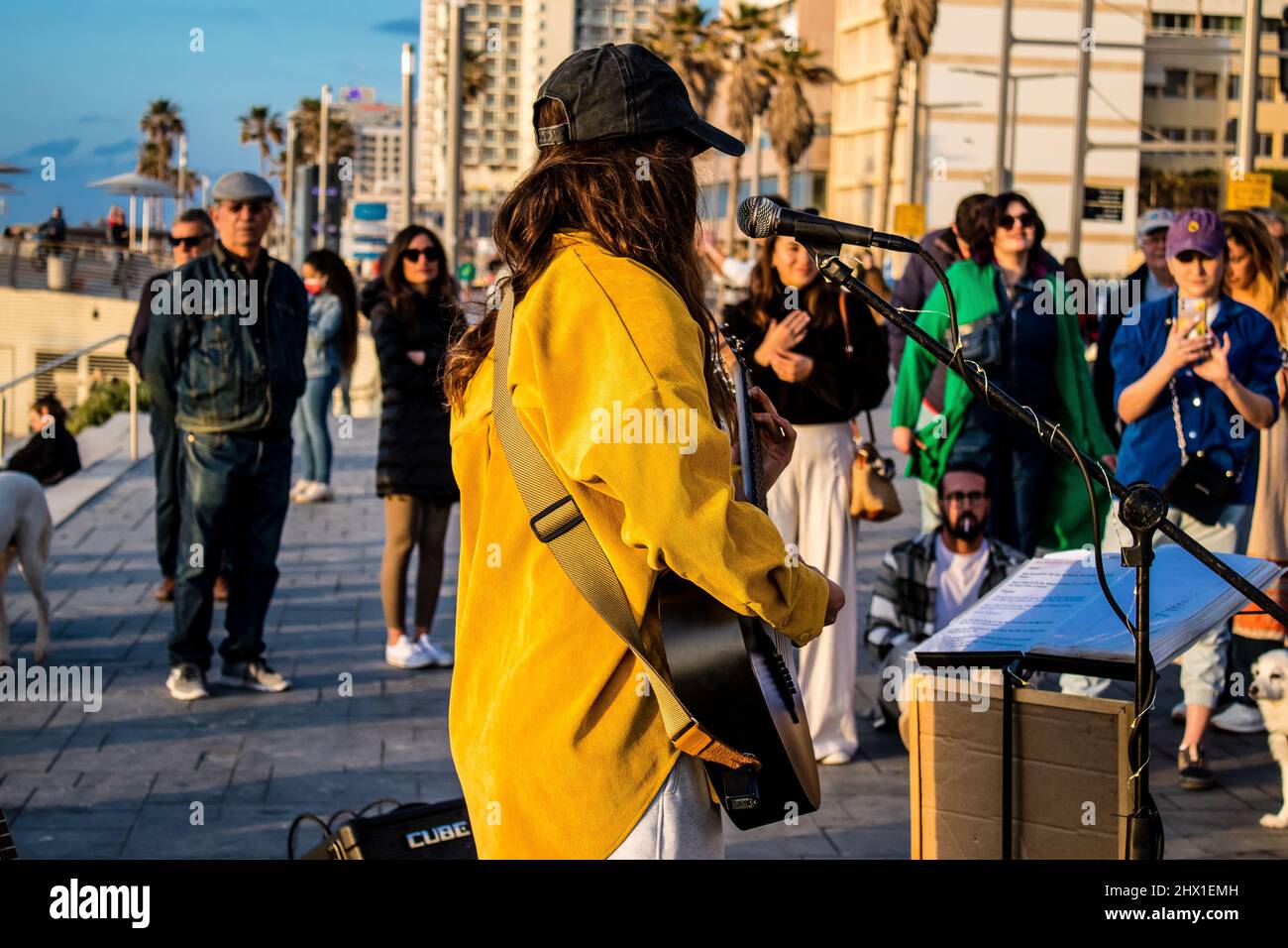 Tel Aviv, Israel - March 06, 2022 Young independent singer doing a ...