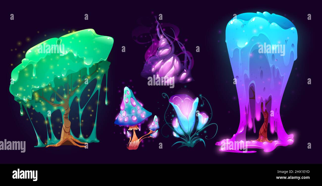 Fantasy plants, magic or alien planet mushrooms and trees. Cartoon ...