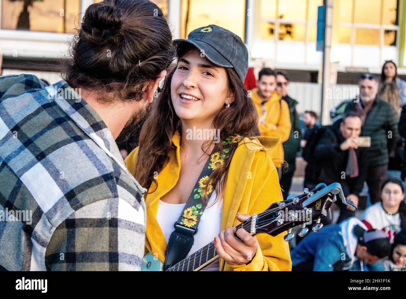 Tel Aviv, Israel - March 06, 2022 Young independent singer doing a ...