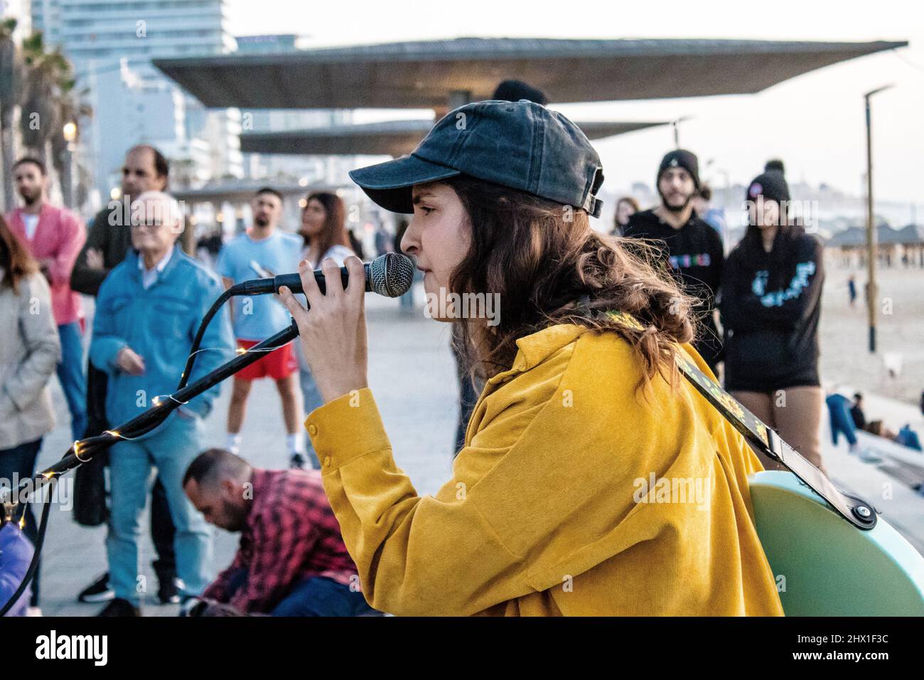 Tel Aviv, Israel - March 06, 2022 Young independent singer doing a ...