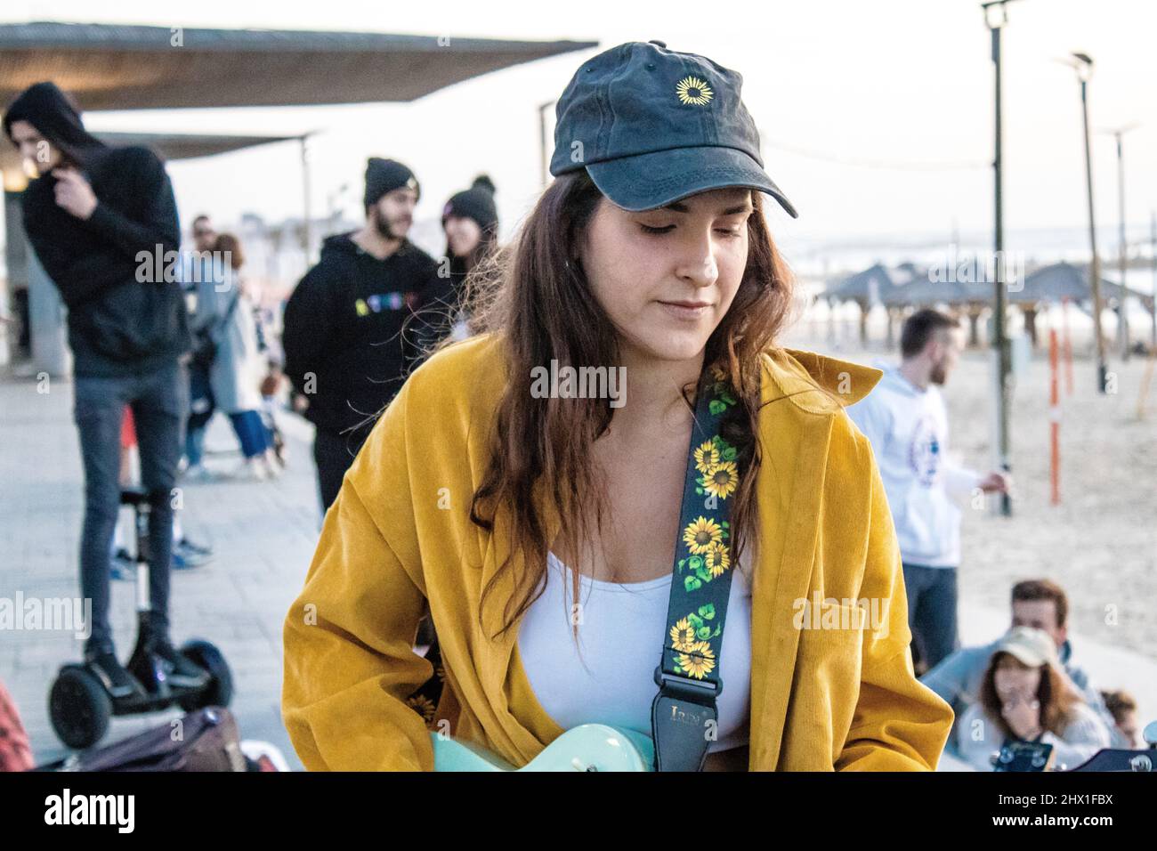 Tel Aviv, Israel - March 06, 2022 Young independent singer doing a ...