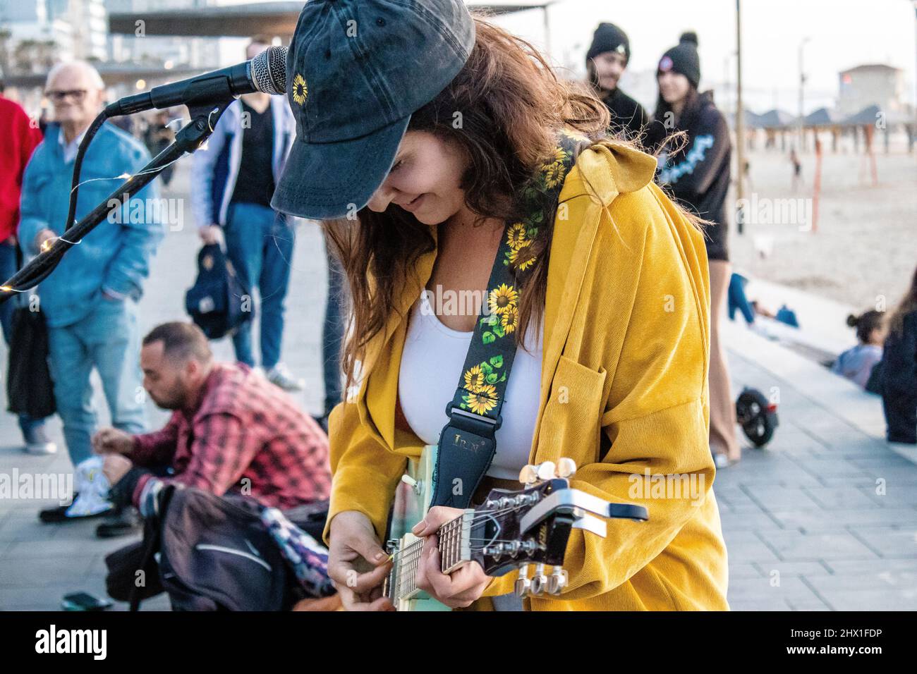 Tel Aviv, Israel - March 06, 2022 Young independent singer doing a ...