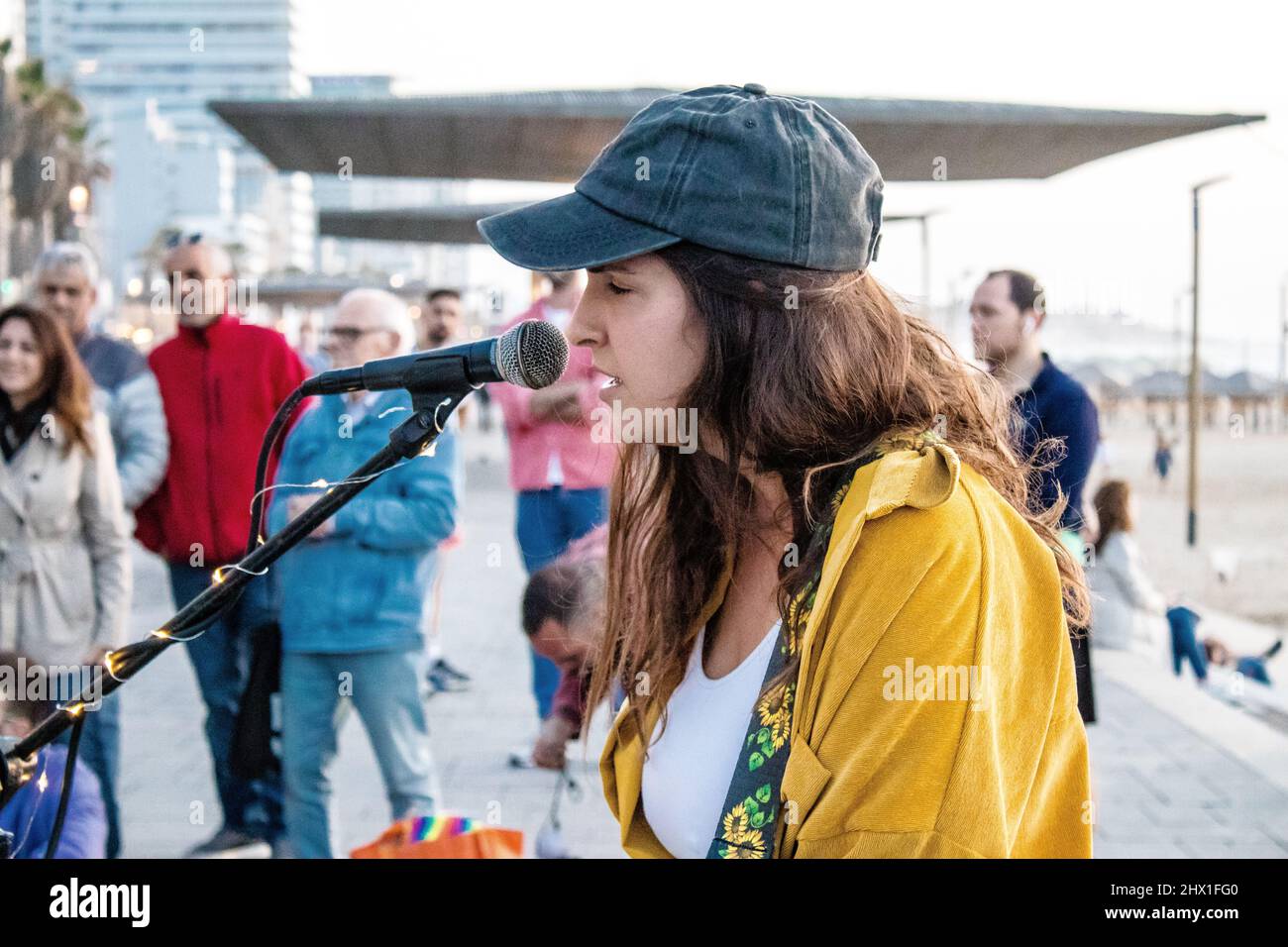 Tel Aviv, Israel - March 06, 2022 Young independent singer doing a ...