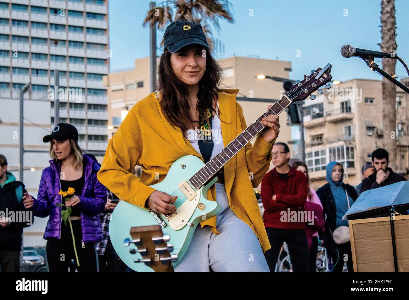 Tel Aviv, Israel - March 06, 2022 Young independent singer doing a ...