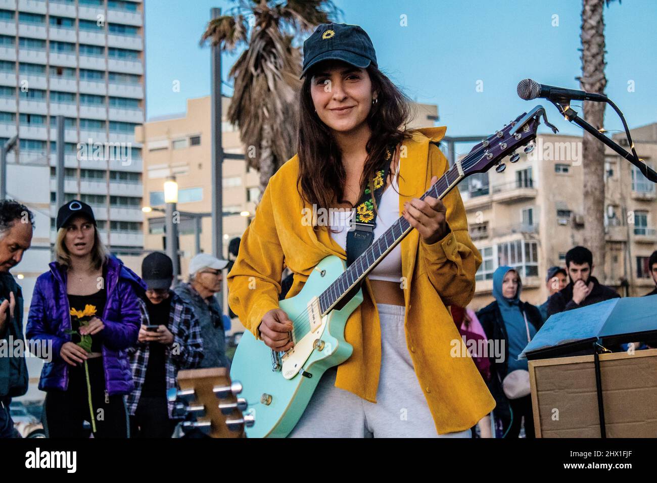 Tel Aviv, Israel - March 06, 2022 Young independent singer doing a ...