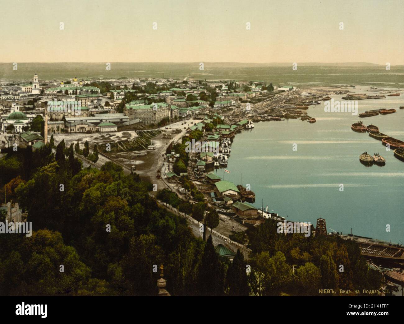 Vintage photochrom print ca. 1890-1900 of Podil or the lower city and ...