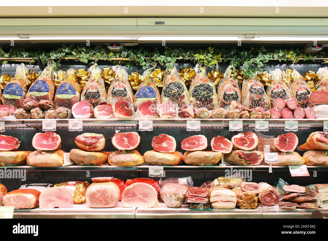 Parma, Italy - April 15, 2017: Different kinds of Parma hams sold in ...