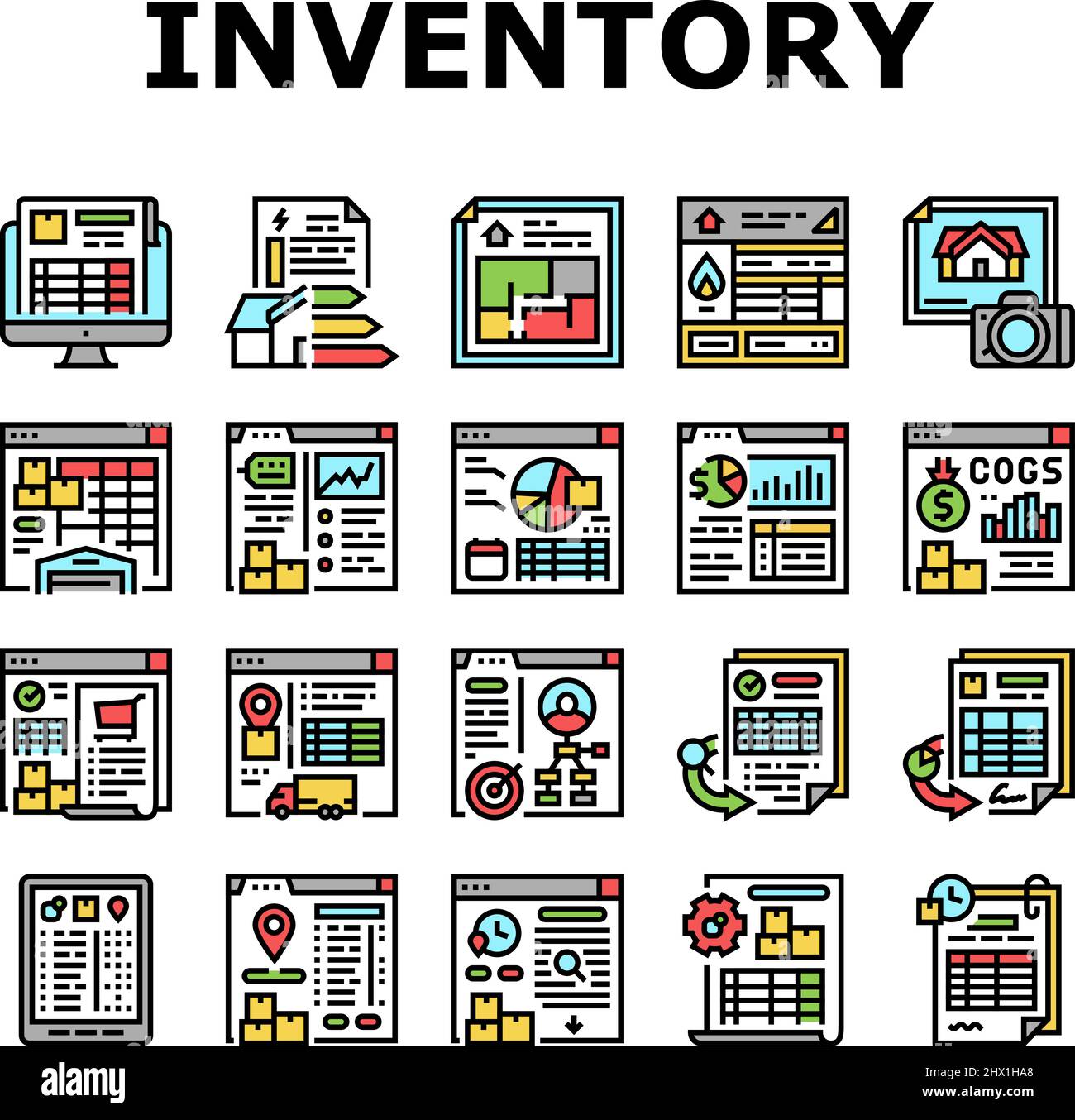 Inventory Analytics And Report Icons Set Vector Stock Vector Image ...