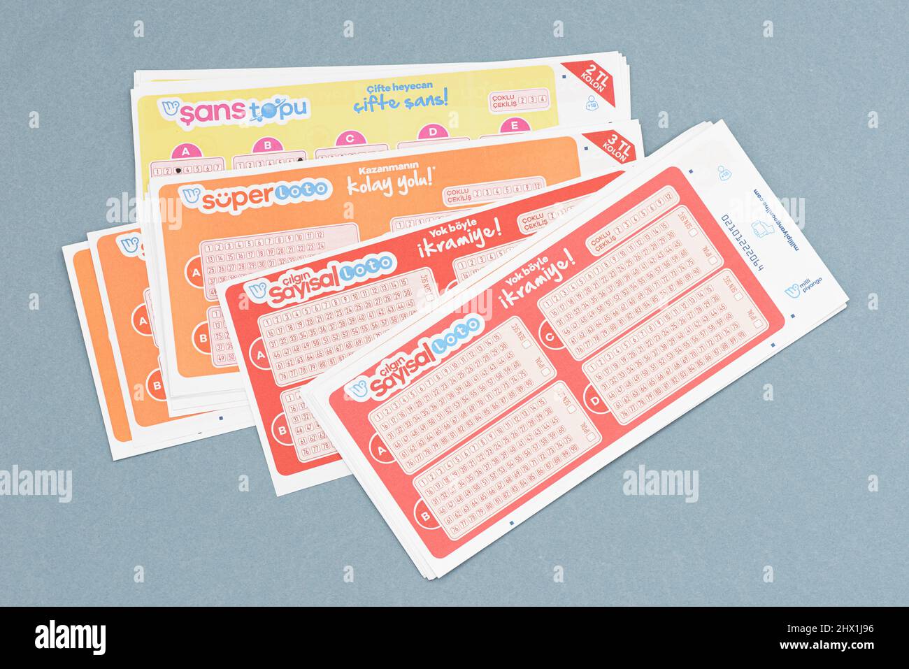 ISTANBUL, TURKEY - OCTOBER 1, 2021. Close up of New Turkish lottery ...