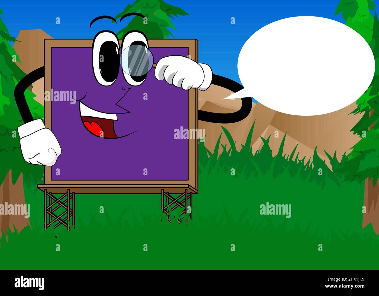 Billboard holding a magnifying glass. Cute cartoon advertisement sign ...