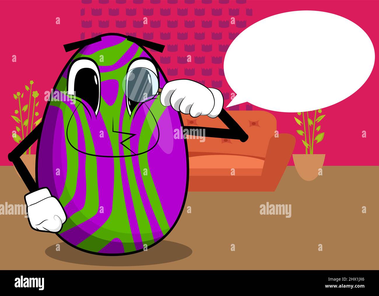 Easter Egg holding a magnifying glass. Cartoon character with funny ...