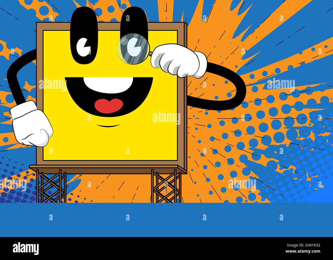 Billboard holding a magnifying glass. Cute cartoon advertisement sign ...