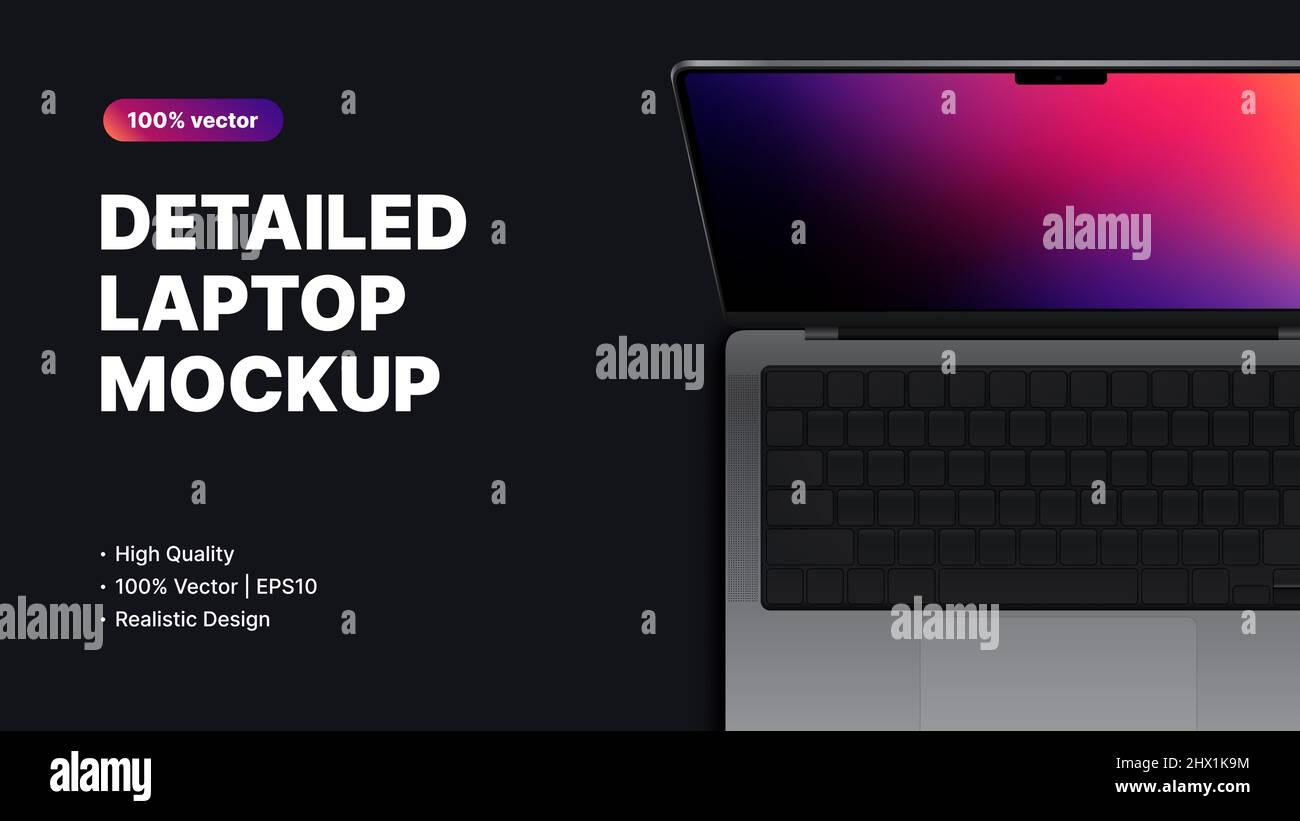 Laptop Mockup. Detailed Device top view on Dark background. Vector ...