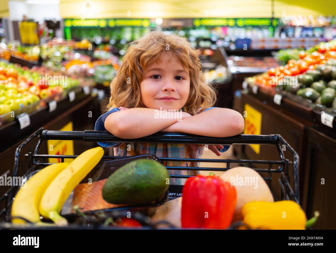 Child shopping in supermarket. Kid having fun while choosing food in ...