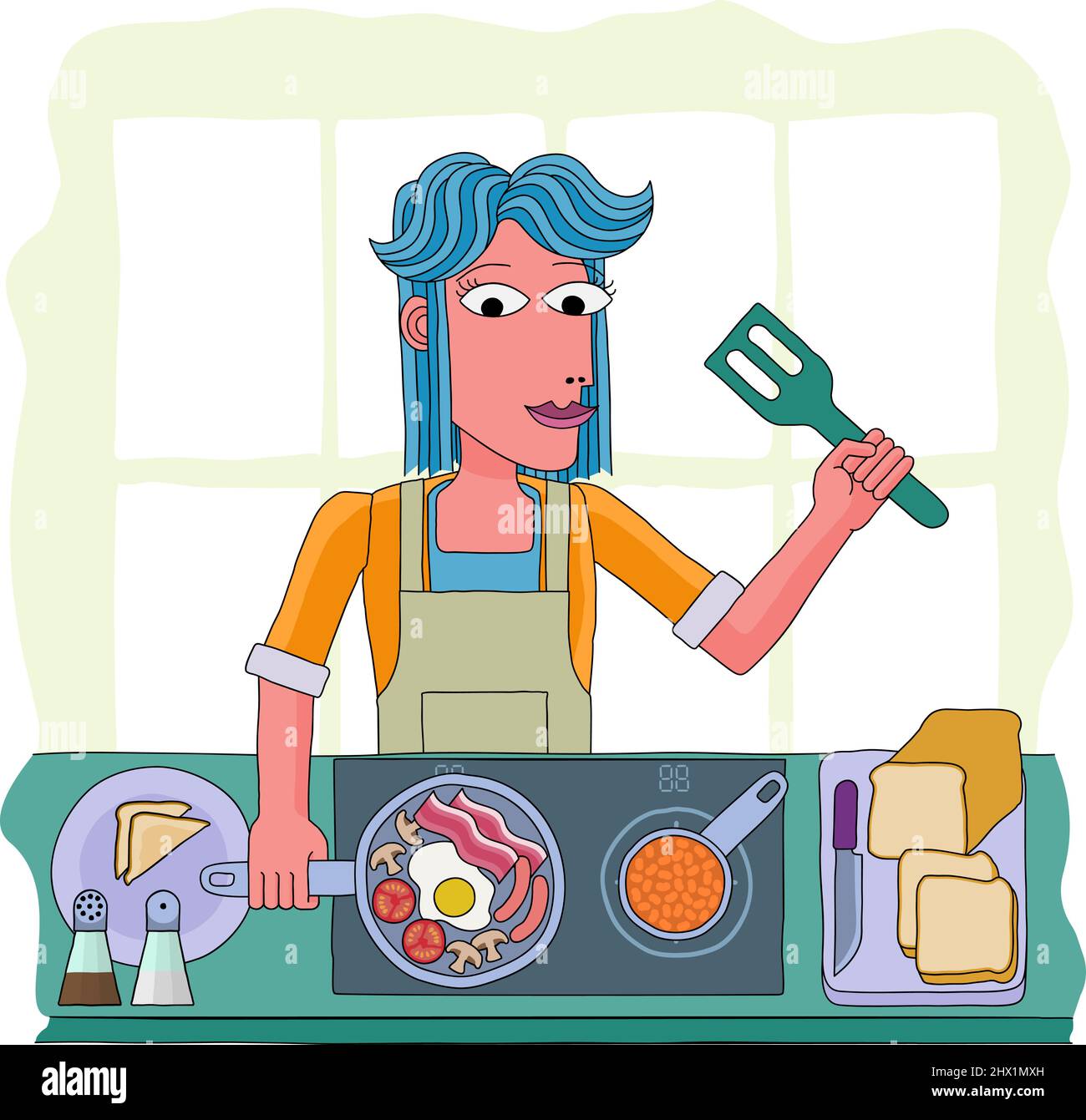 Woman Cooking Food Fried English Breakfast Kitchen Stock Vector Image ...