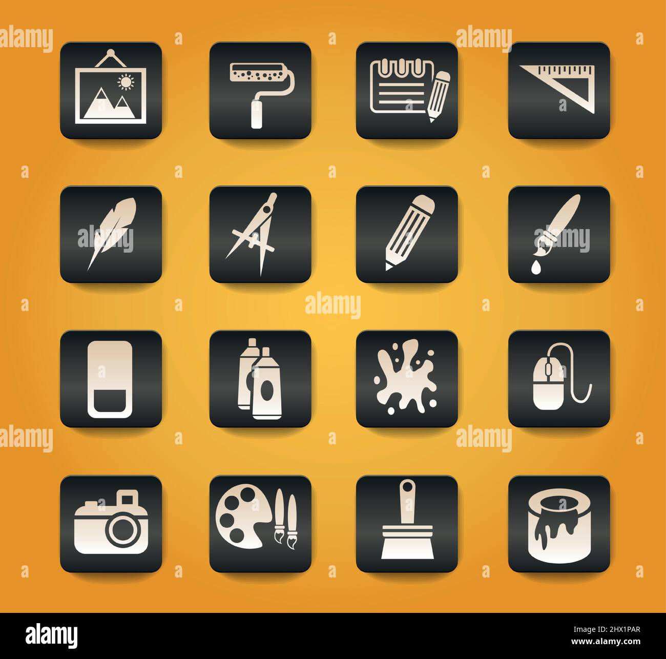 art tools symbols on black buttons on yellow background Stock Vector ...