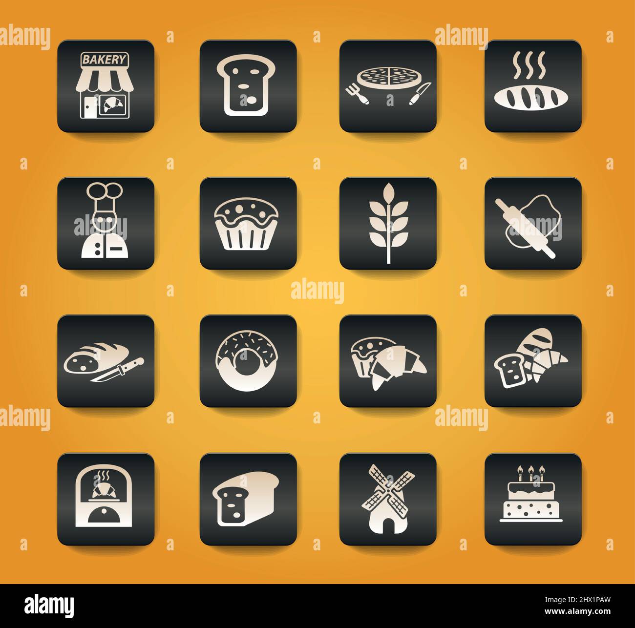 bakery symbols on black buttons on yellow background Stock Vector Image ...