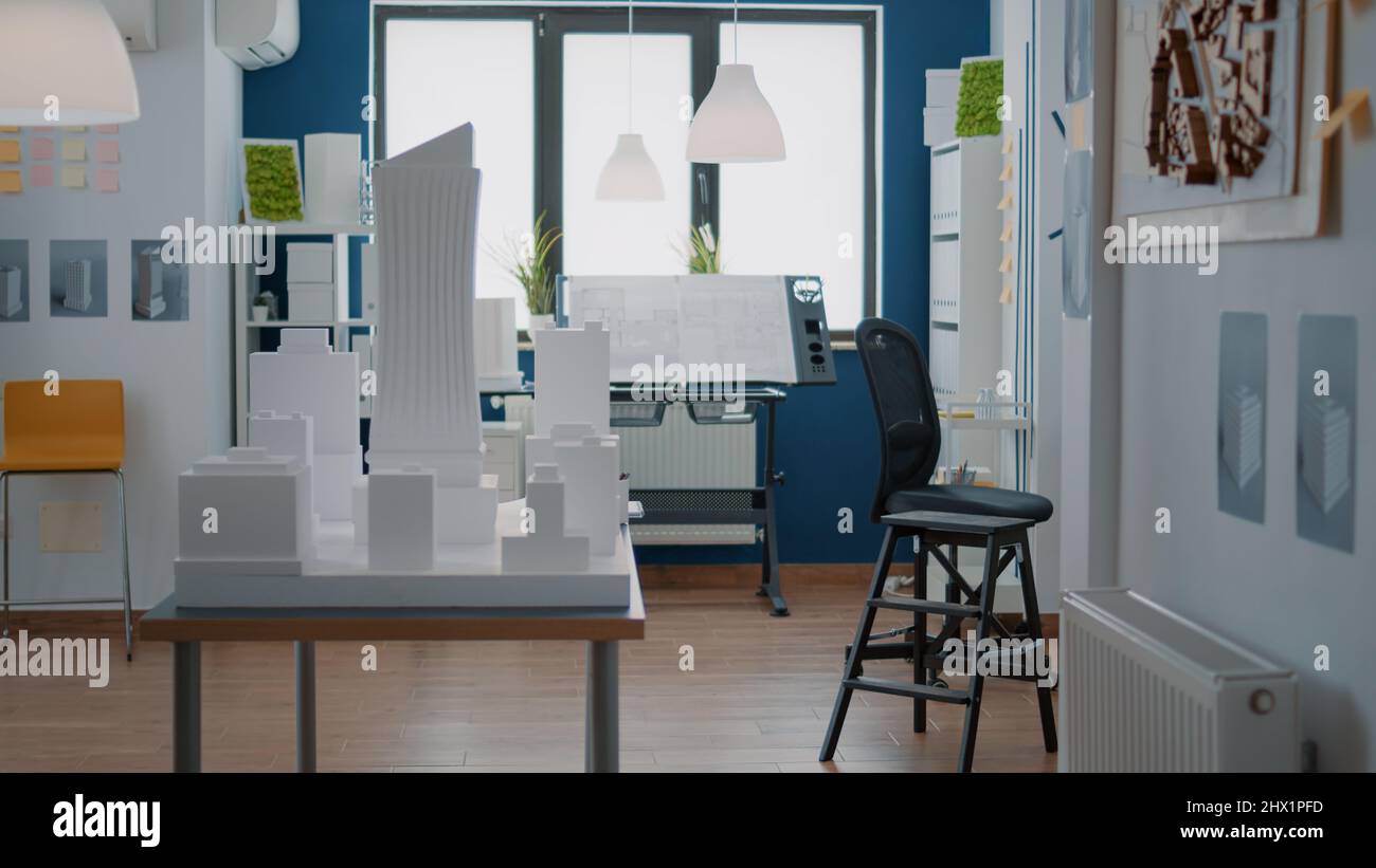 Empty technical office with real estate construction plan and building ...