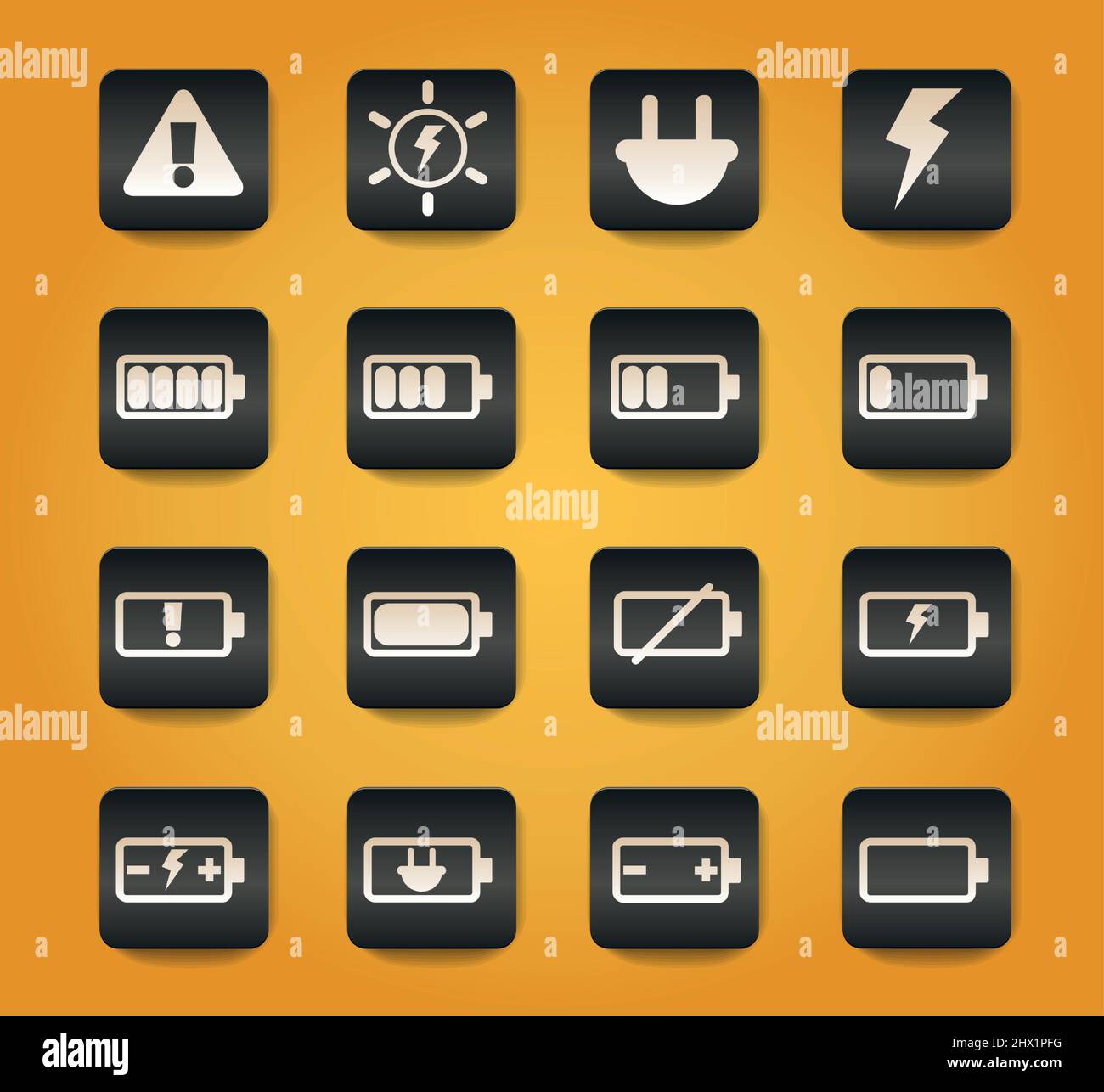 battery symbols on black buttons on yellow background Stock Vector ...