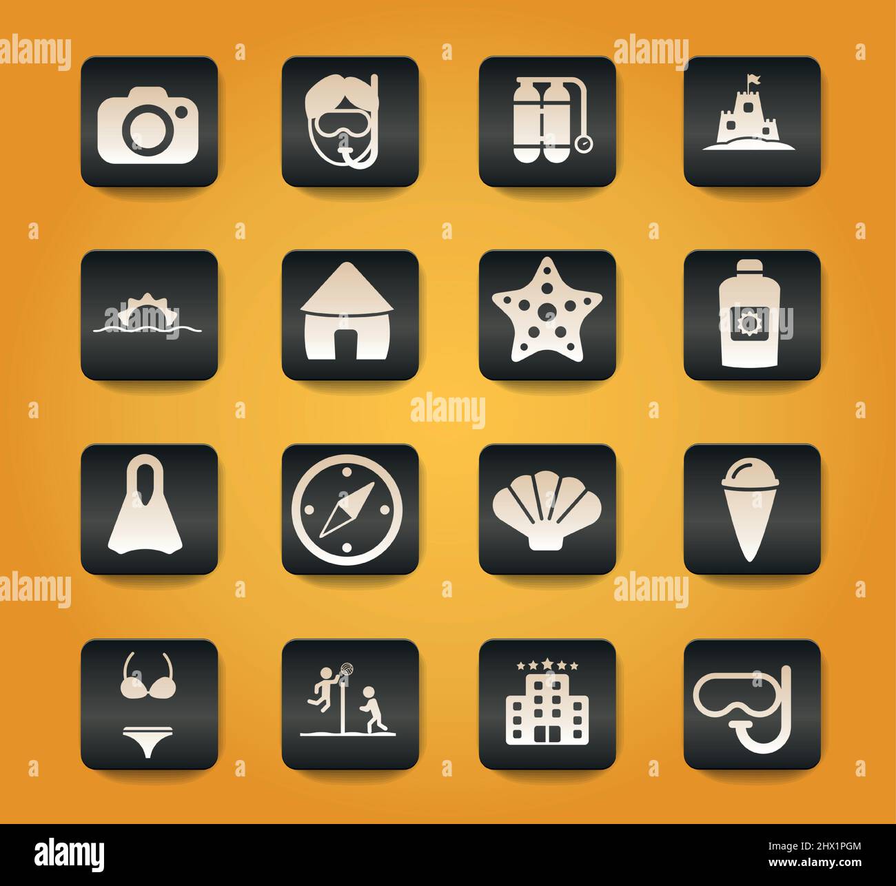 Beach symbols on black buttons on yellow background Stock Vector Image ...