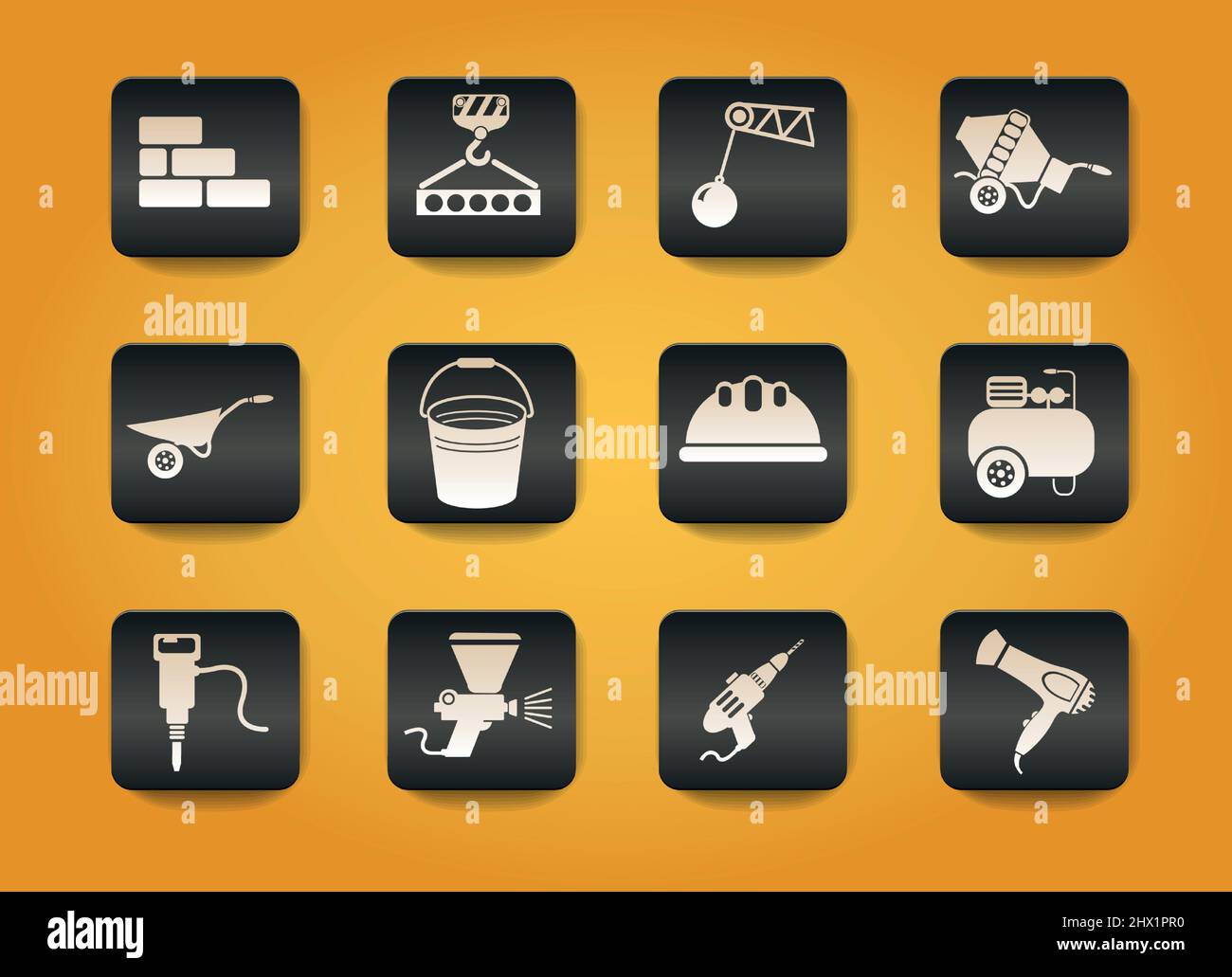 building equipment symbols on black buttons on yellow background Stock ...