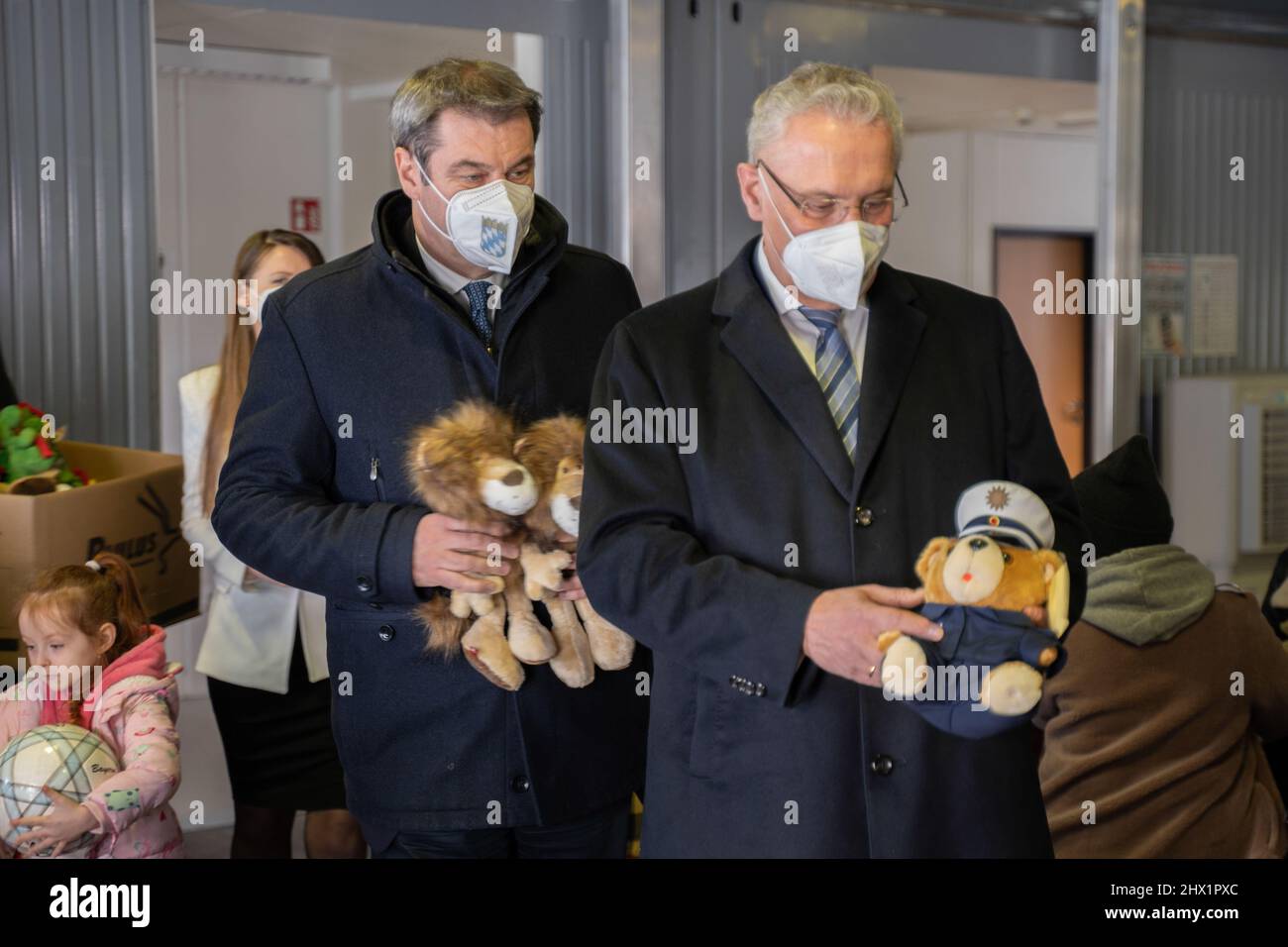 Munich, Germany, Markus Soeder and Joachim Herrmann hold stuffed ...