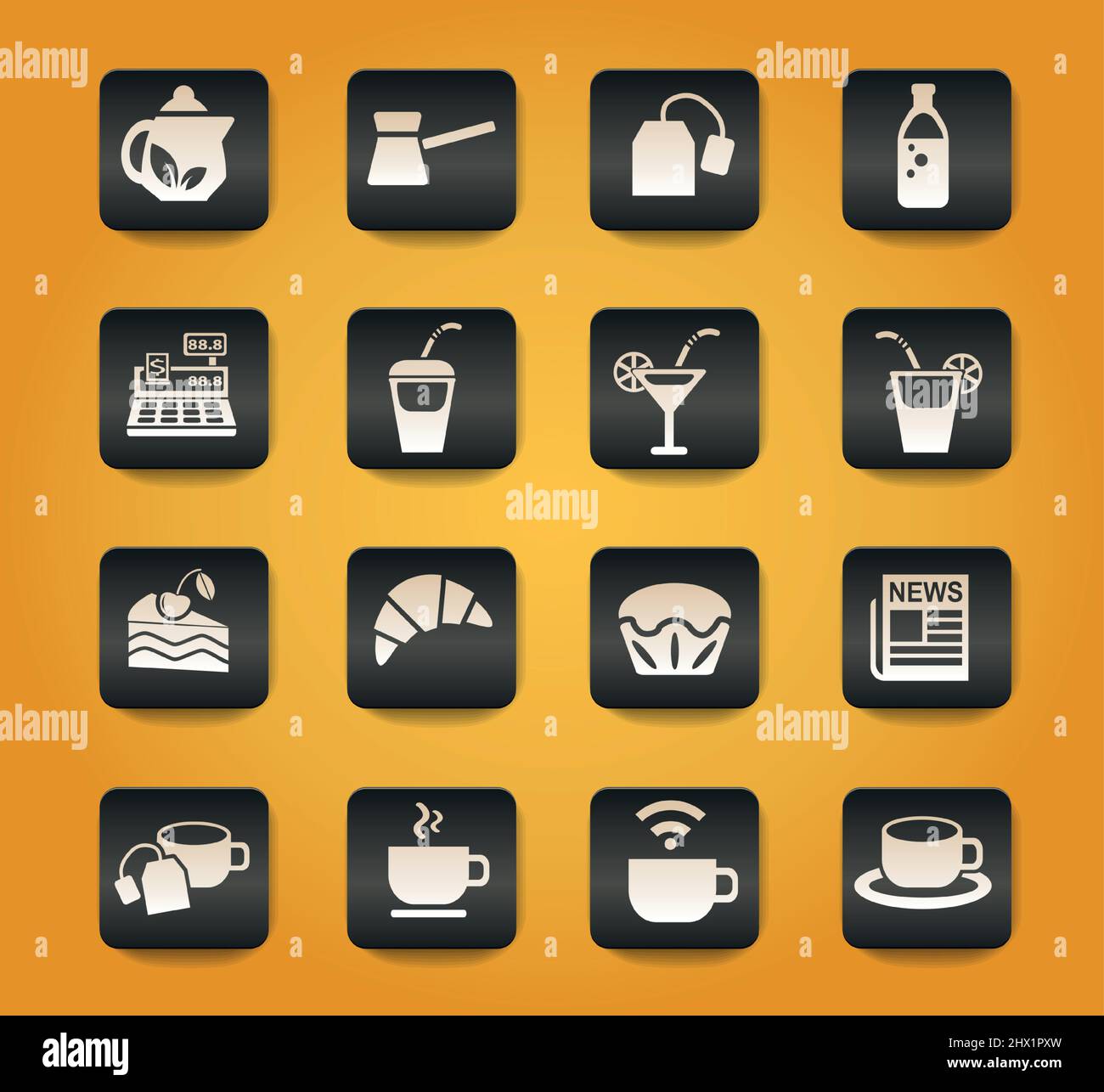 cafe symbols on black buttons on yellow background Stock Vector Image ...