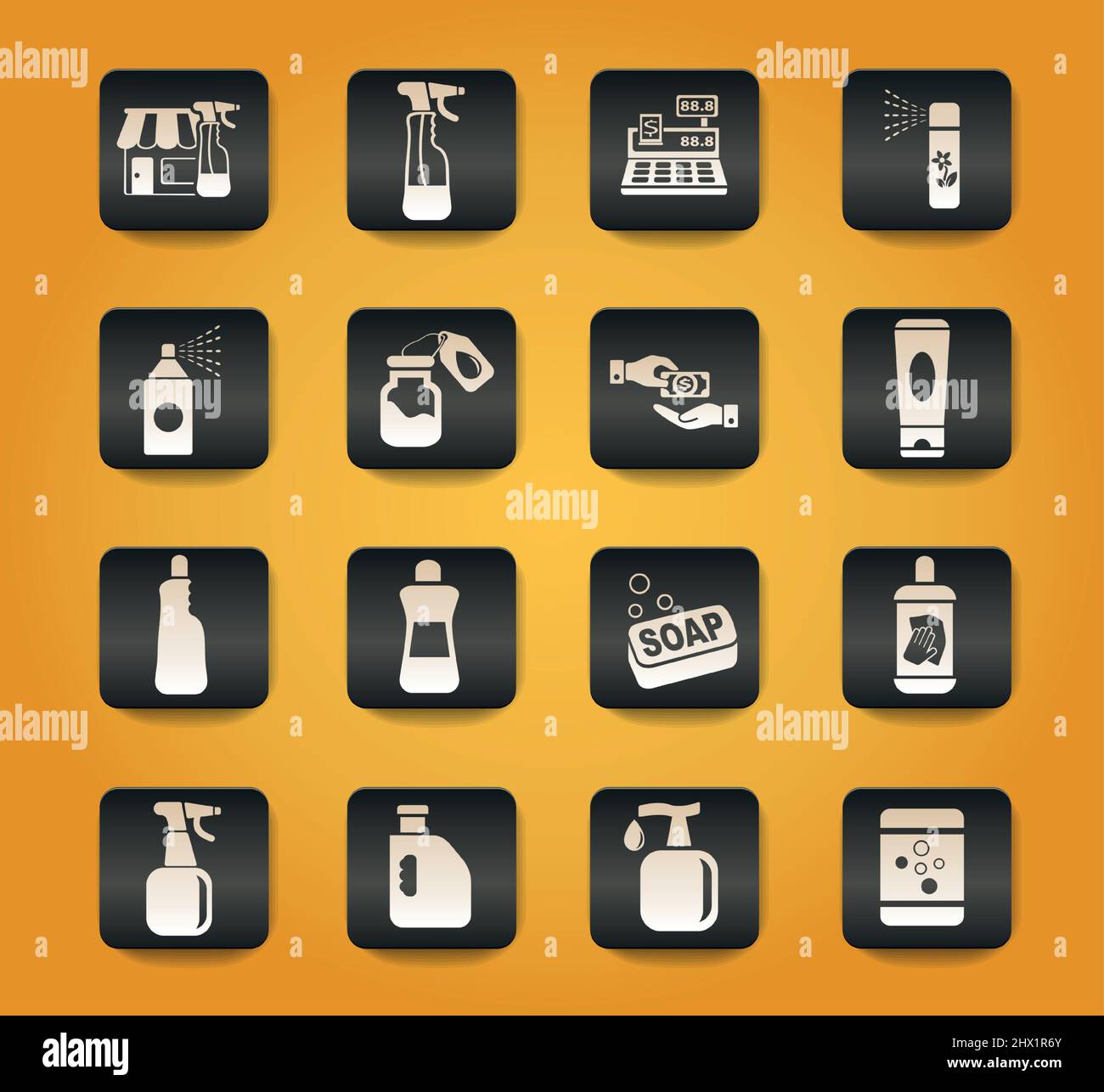 chemicals store symbols on black buttons on yellow background Stock ...