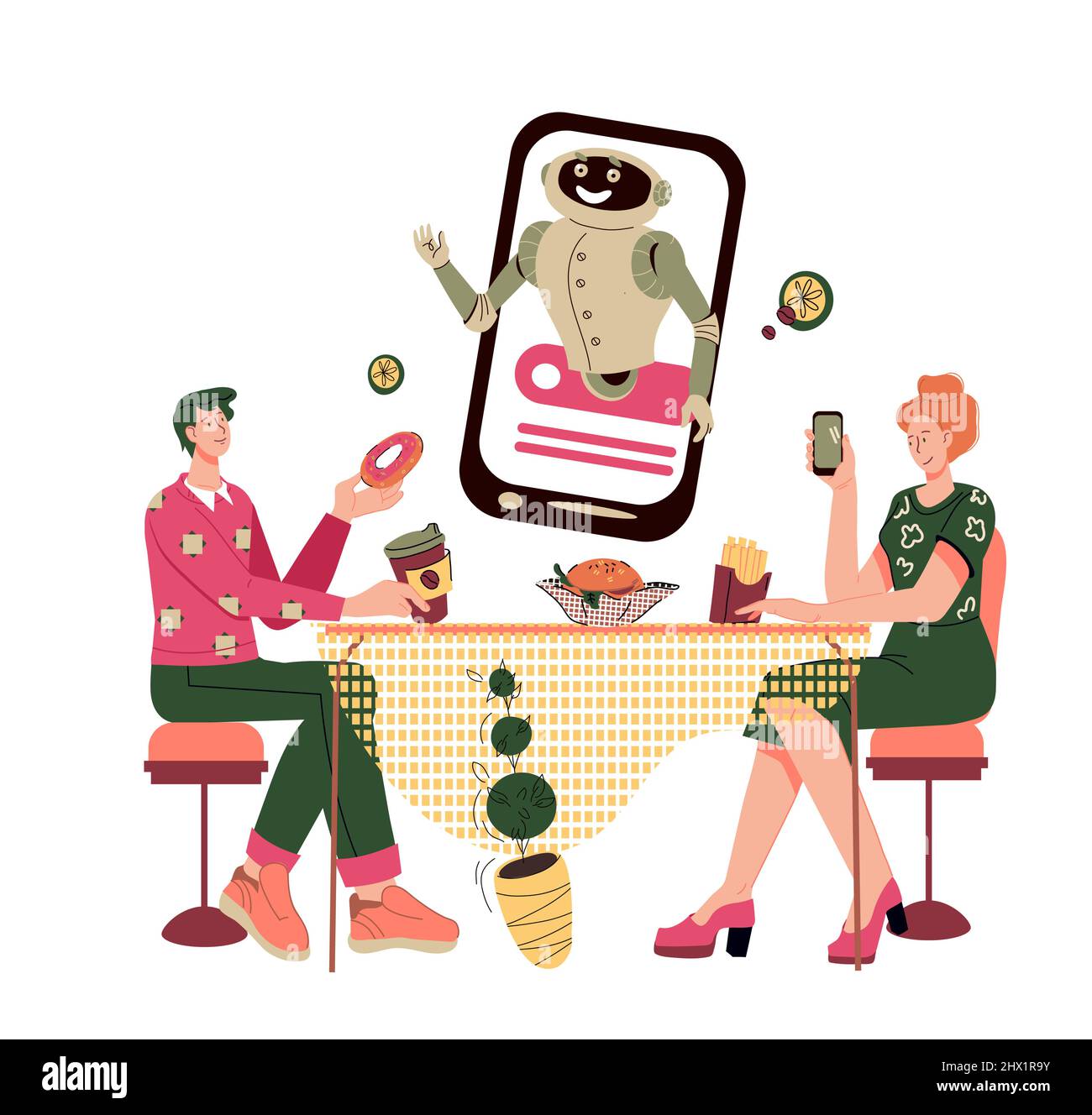 Family couple sitting at table and ordering food from take away ...