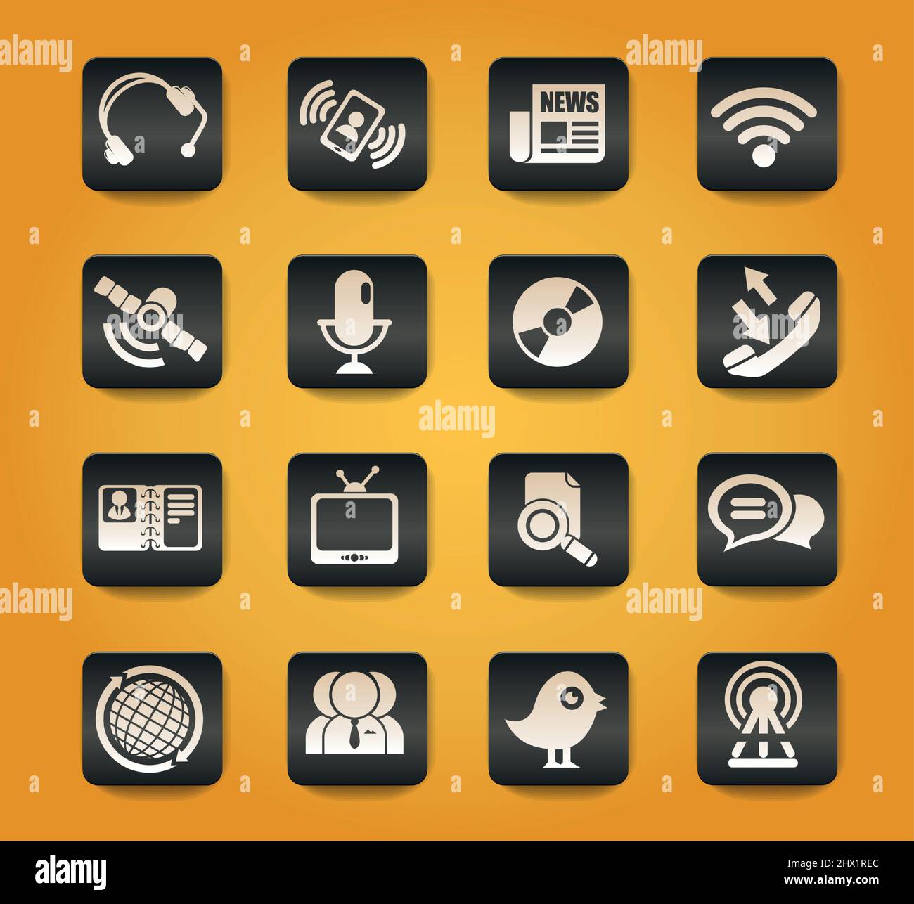 Communication symbols on black buttons on yellow background Stock ...