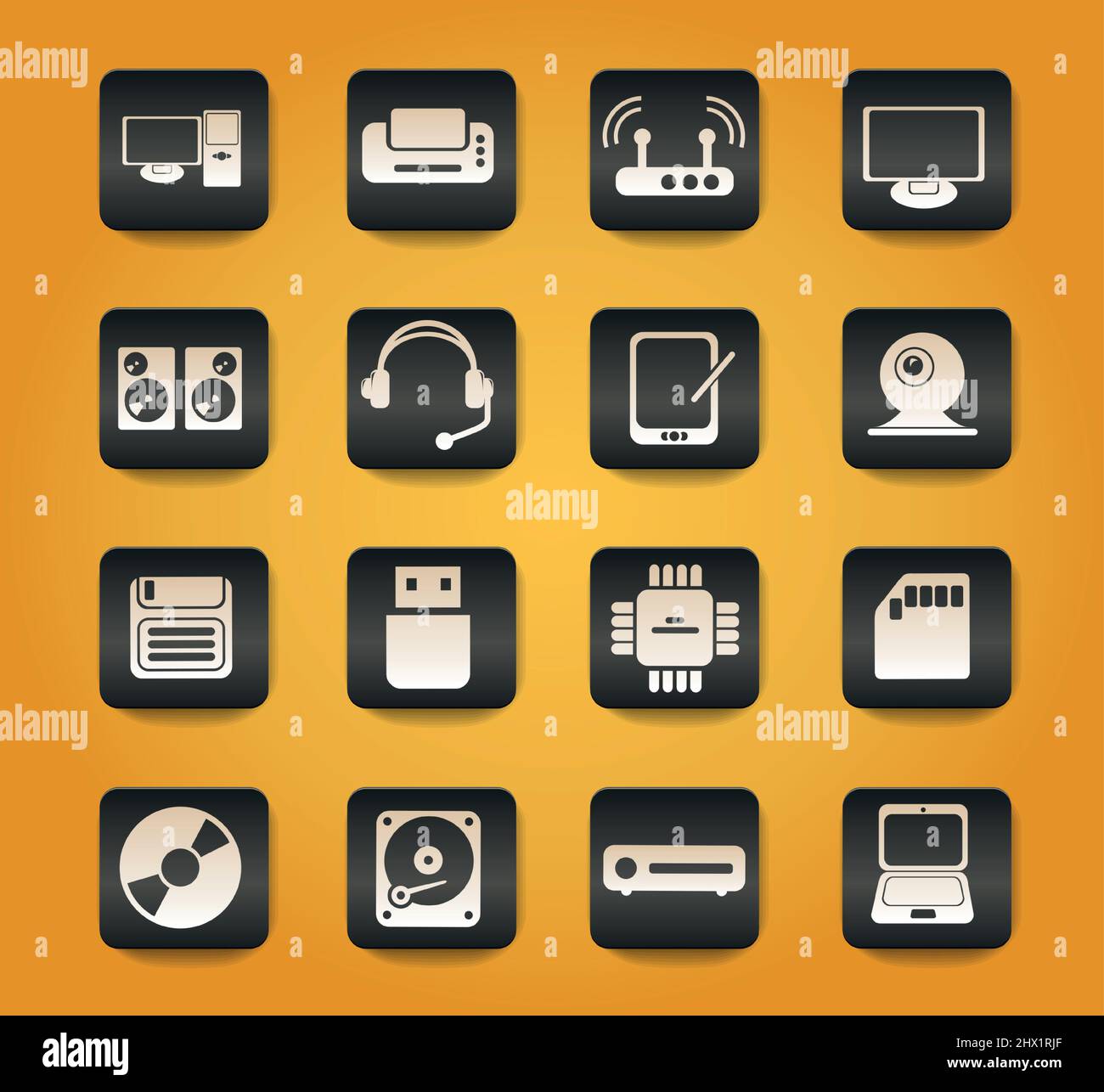 Computer equipment symbols on black buttons on yellow background Stock ...