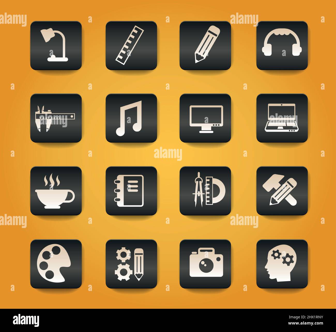 creative process symbols on black buttons on yellow background Stock ...