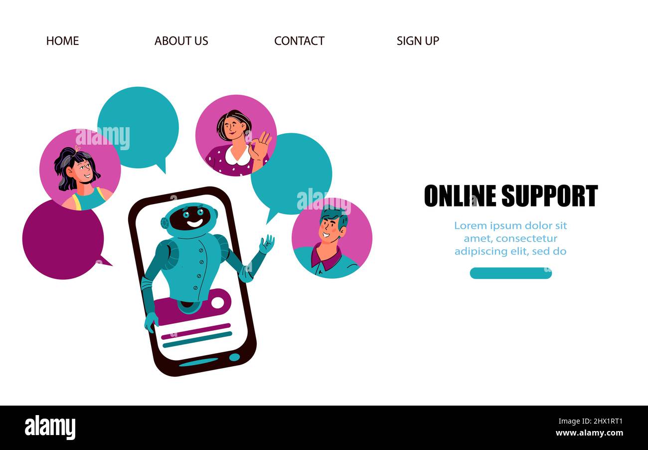 Online customer support website banner template with chatbot and avatars of people. People ...