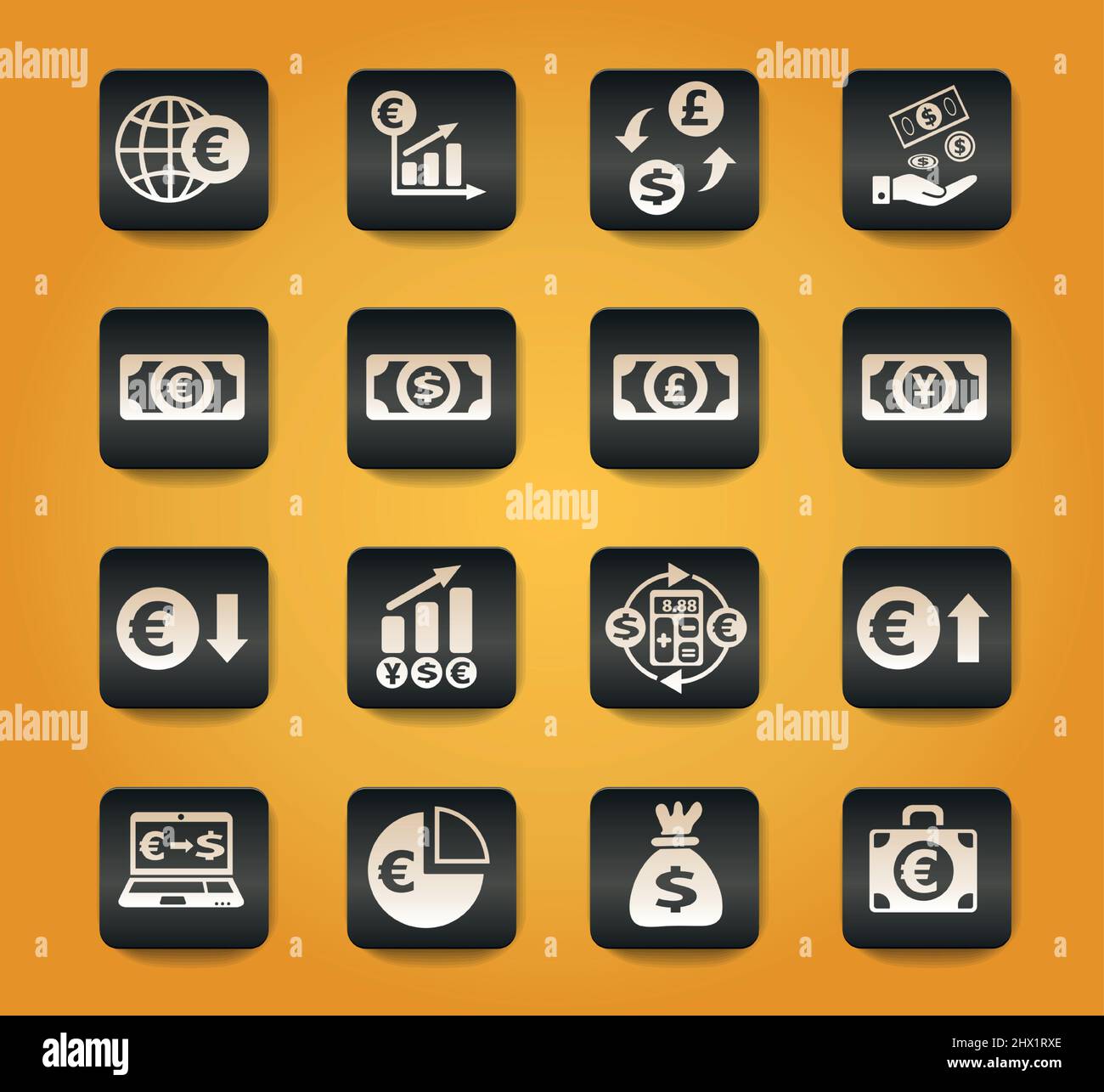 currency exchange symbols on black buttons on yellow background Stock ...