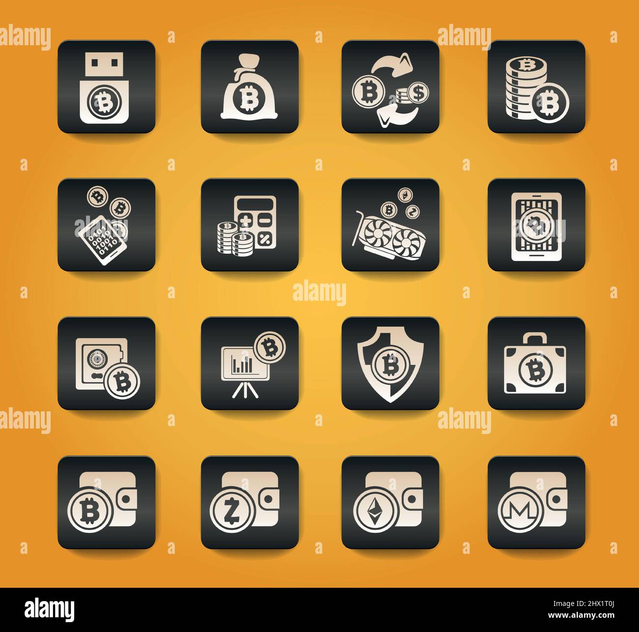 Bitcoin and cryptocurrency symbols on black buttons on yellow ...