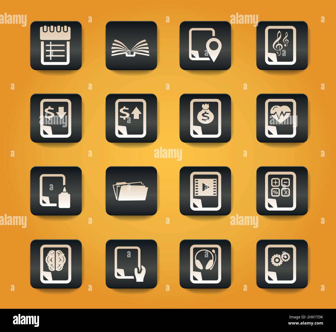 Documents symbols on black buttons on yellow background Stock Vector Image & Art - Alamy